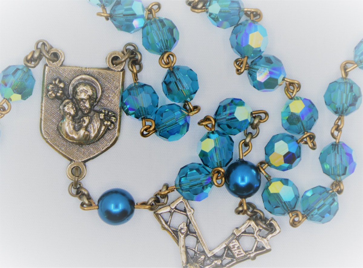 St. Joseph Blue Czech Crystal/Blue Pearl Glass Rosary | Joseph Sciambra
